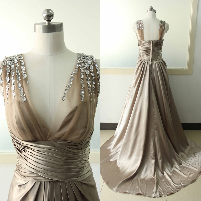 Chocolate Prom Dress Crystal Backless V-neck Evening Dress Custom ...